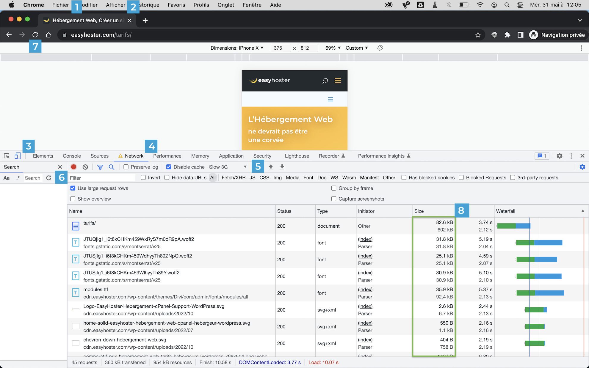 Réduire les requêtes et le transfert, Chrome > Network
